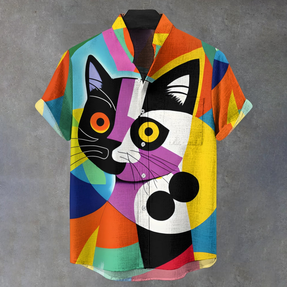 Abstract Hand Painted Color Block Cat Short Sleeve Shirt 2411012445 ...