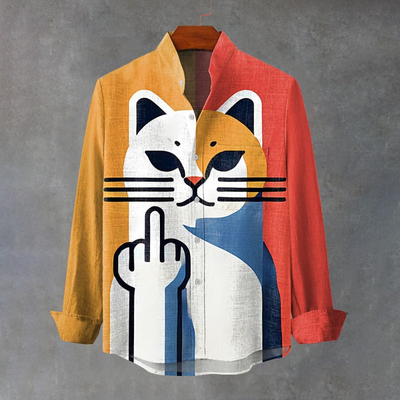 Cartoon Cat with Middle Finger Vintage Stripe Print Long Sleeve Shirt ...